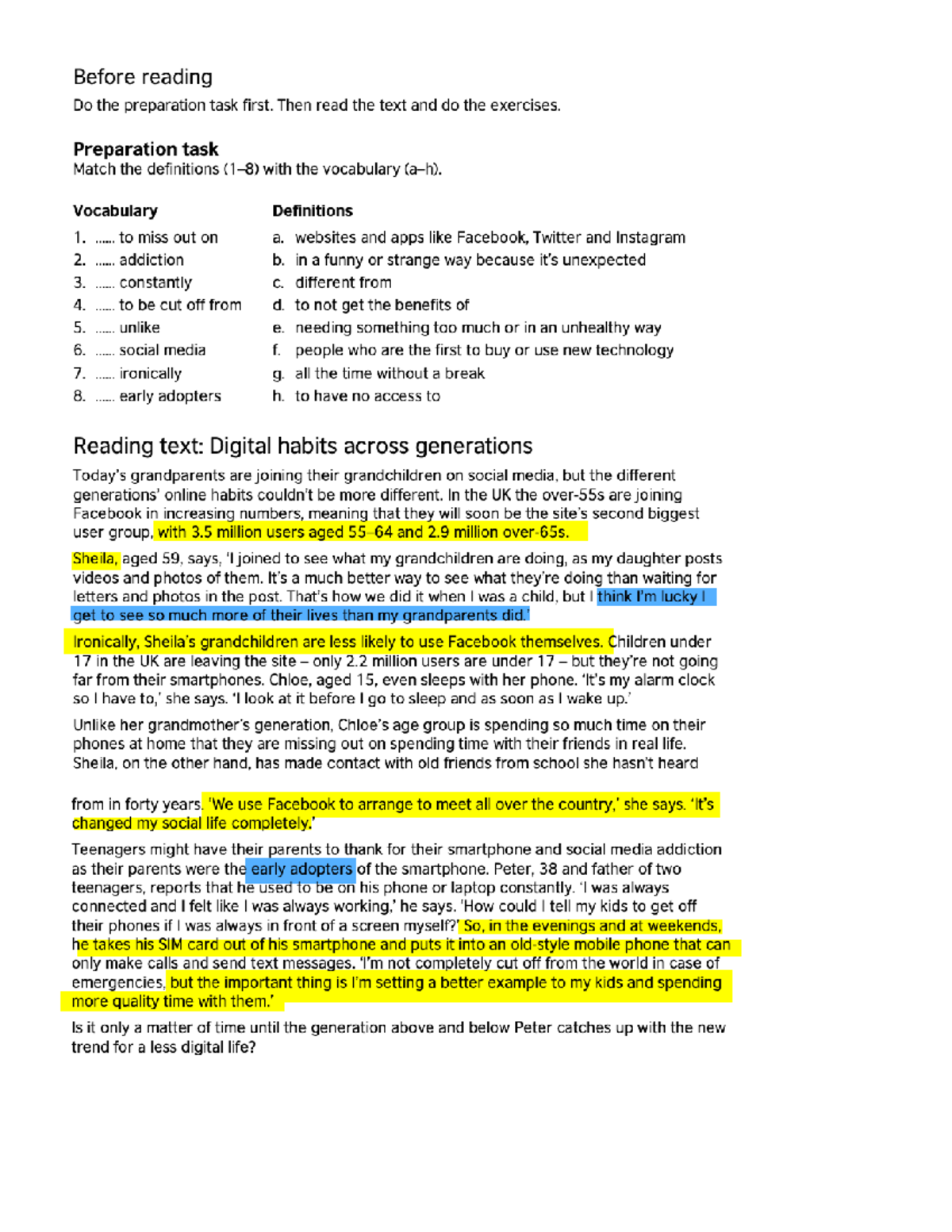 Practice - Reading + Listening - Before reading Do the preparation task ...