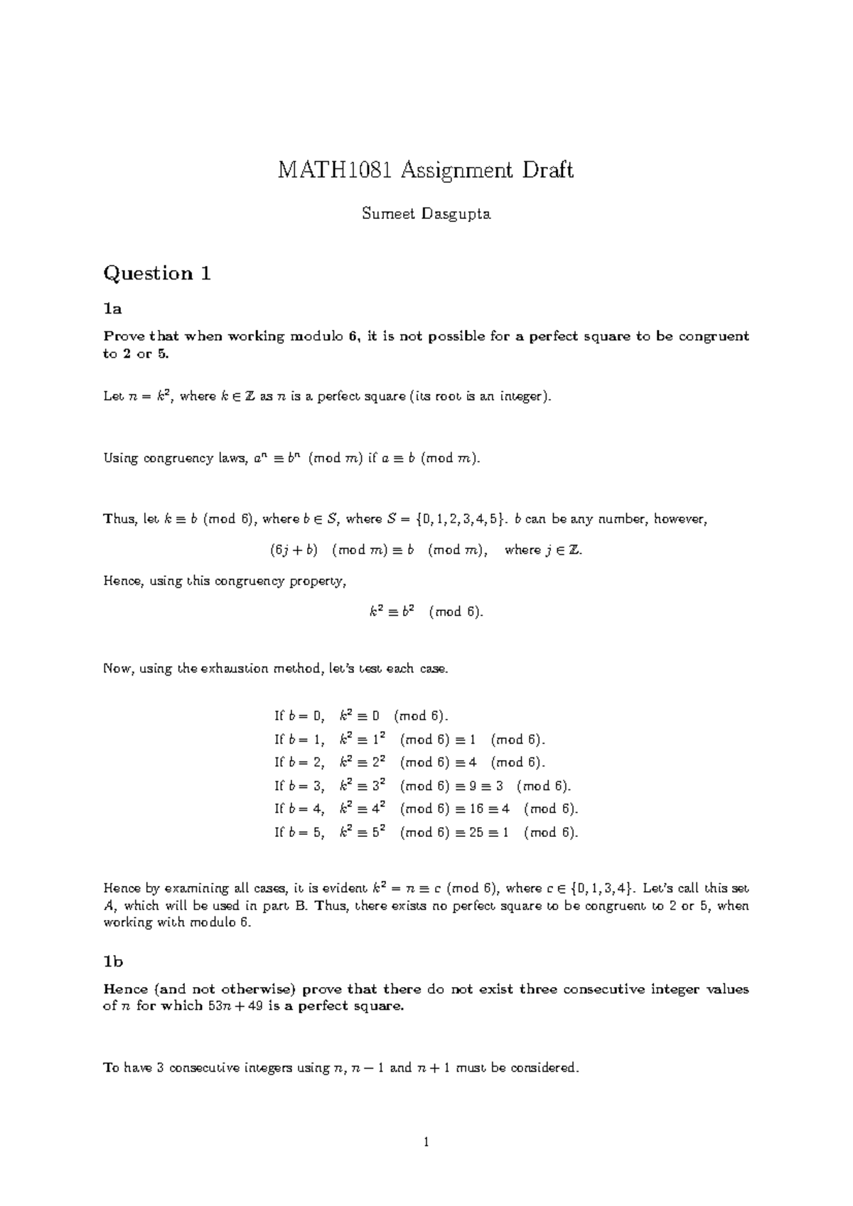 MATH1081 Assignment Draft: Proving Perfect Squares Modulo 6 - Studocu