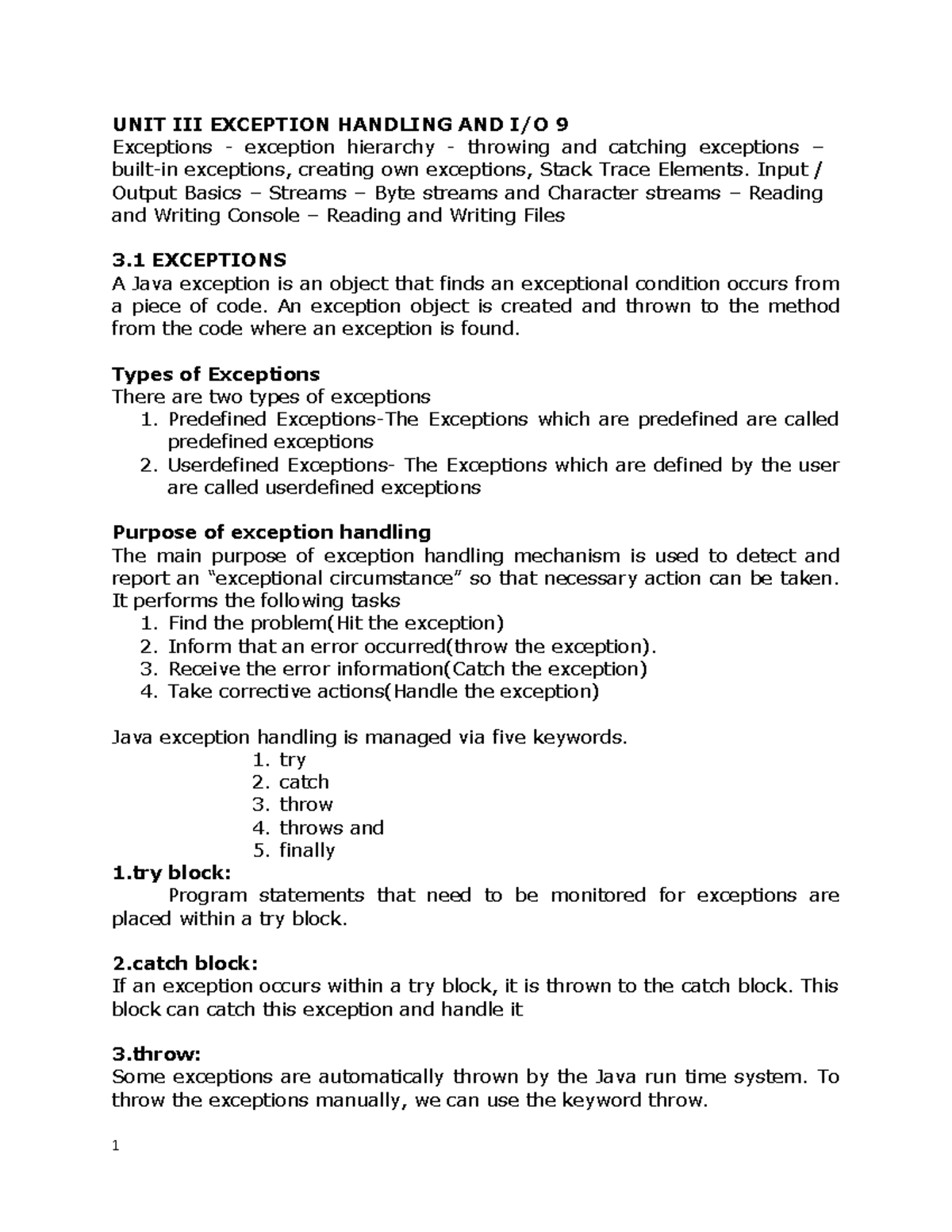 CS8392 - OOPS - Unit III: Exception Handling and I/O Basics - Studocu