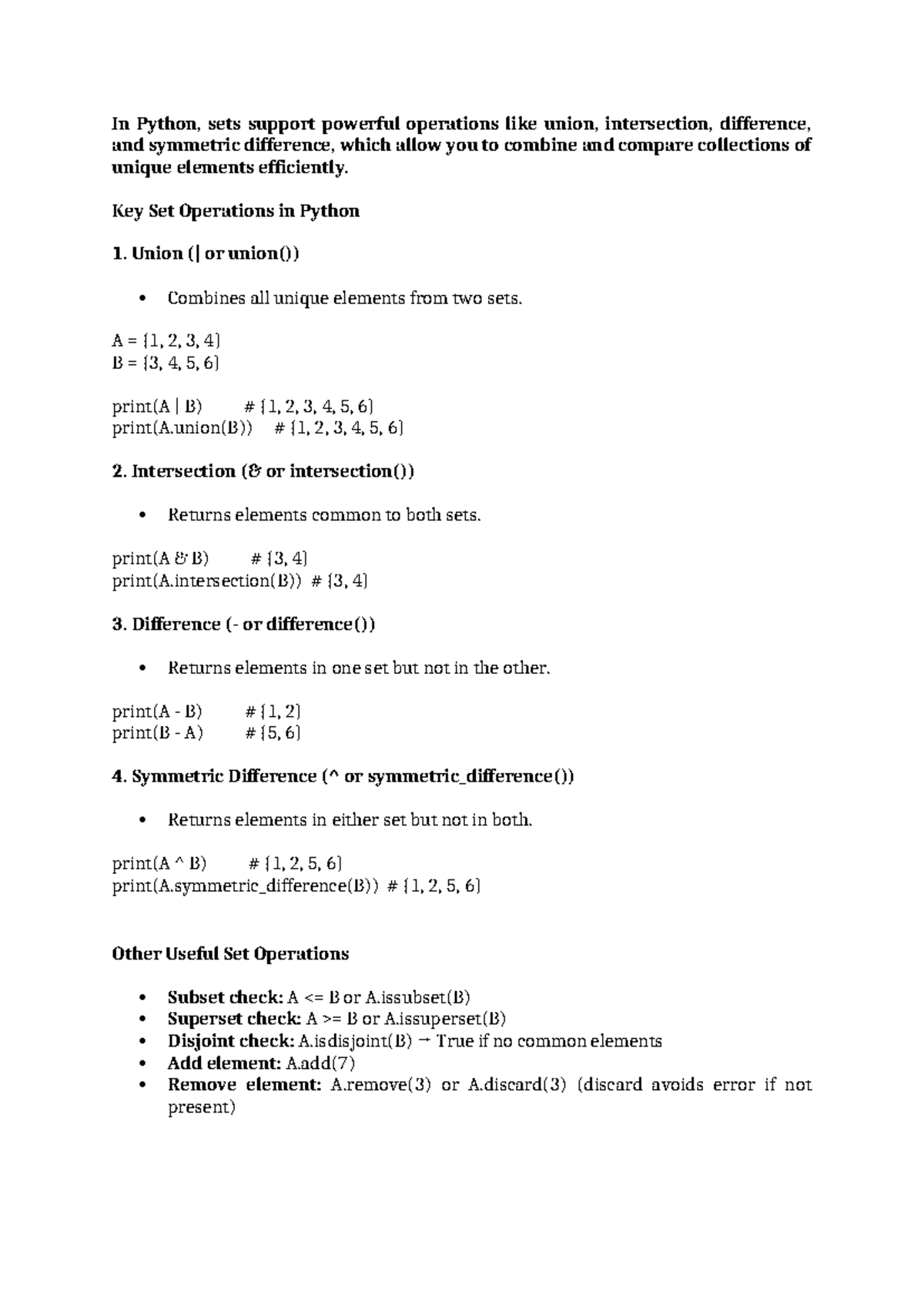 Python Programming - Sets: Key Operations and Examples - Studocu