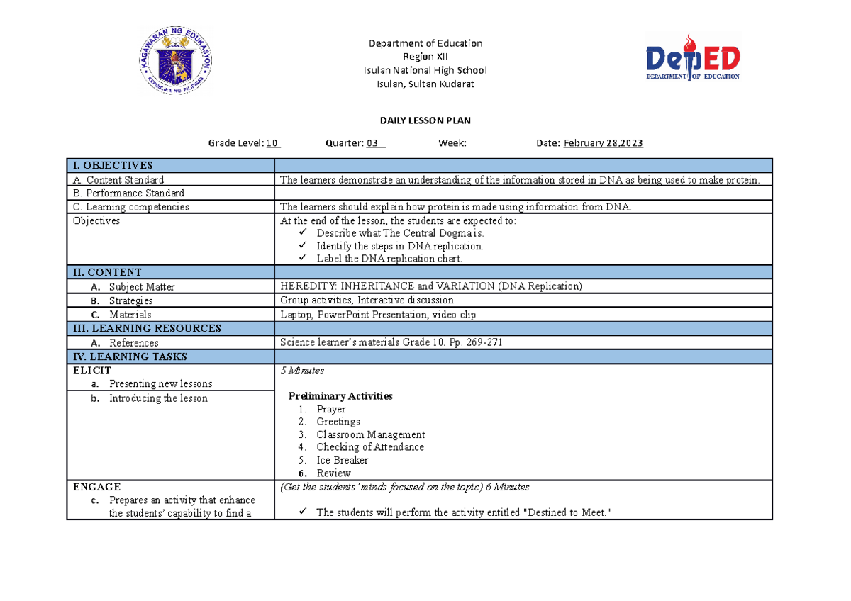 DNA Replication Lesson Plan (Grade 10, Q3) - Engaging Activities ...