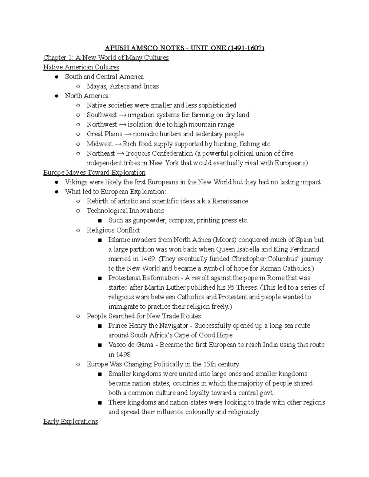 APUSH AMSCO Notes - Unit I: Cultures & Early Explorations (1491-1607 ...