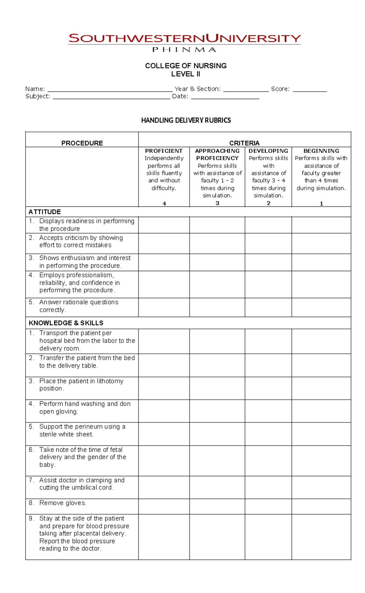 Handling Delivery Rubrics - Nursing Level II Lecture Notes - Studocu