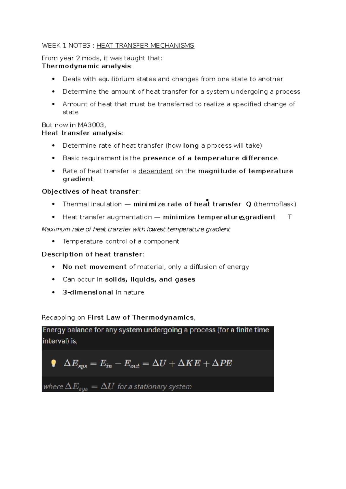 WEEK 1 Notes - WEEK 1 NOTES : HEAT TRANSFER MECHANISMS From year 2 mods ...