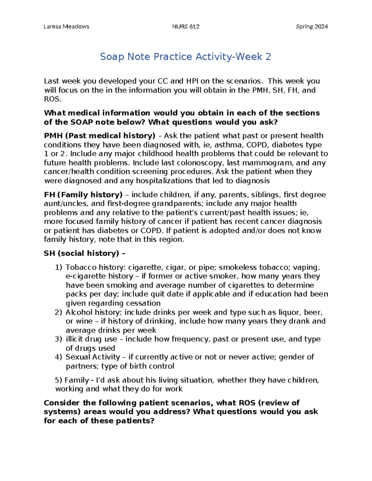 NURS612 Soap Note Practice Activity for Week 2 Review - Studocu