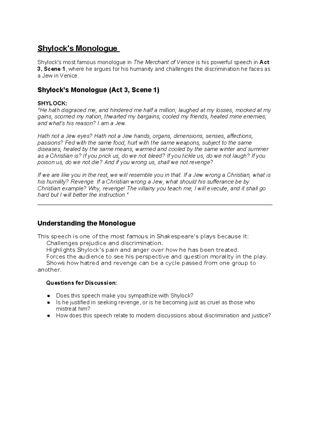 Shylock's Monologue Analysis - The Merchant of Venice (Act 3, Scene 1 ...