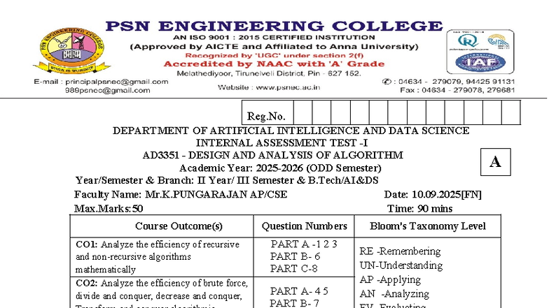 DAA IAT 1 - Design and Analysis of Algorithms (AD3351) - Studocu