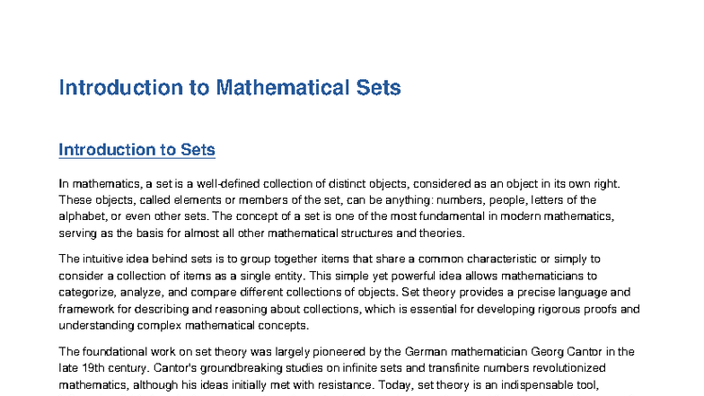 Sets - Introduction to Mathematical Sets (MATH101) - Studocu
