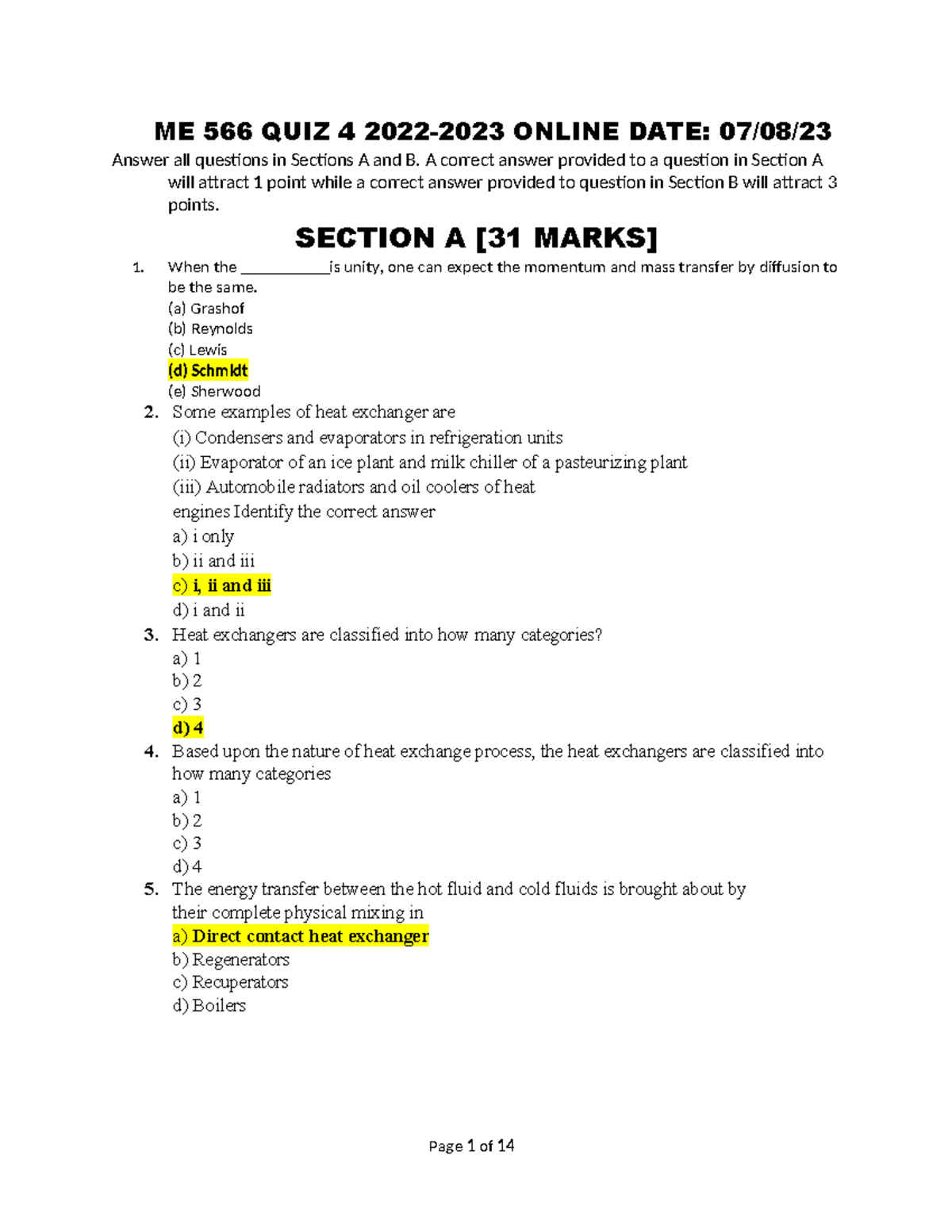 ME 566 QUIZ 4 - Heat Exchanger Concepts and Calculations - Studocu