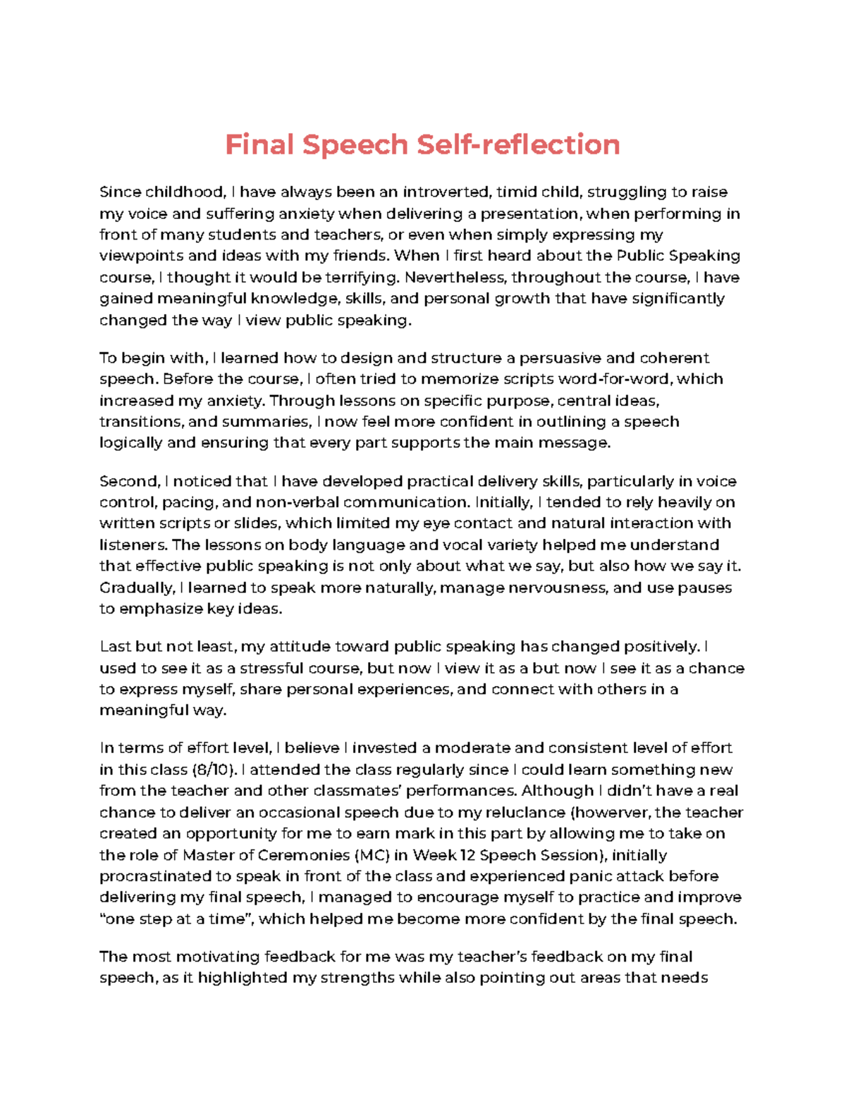 Final Speech Self-Reflection: Growth in Public Speaking Skills - Studocu
