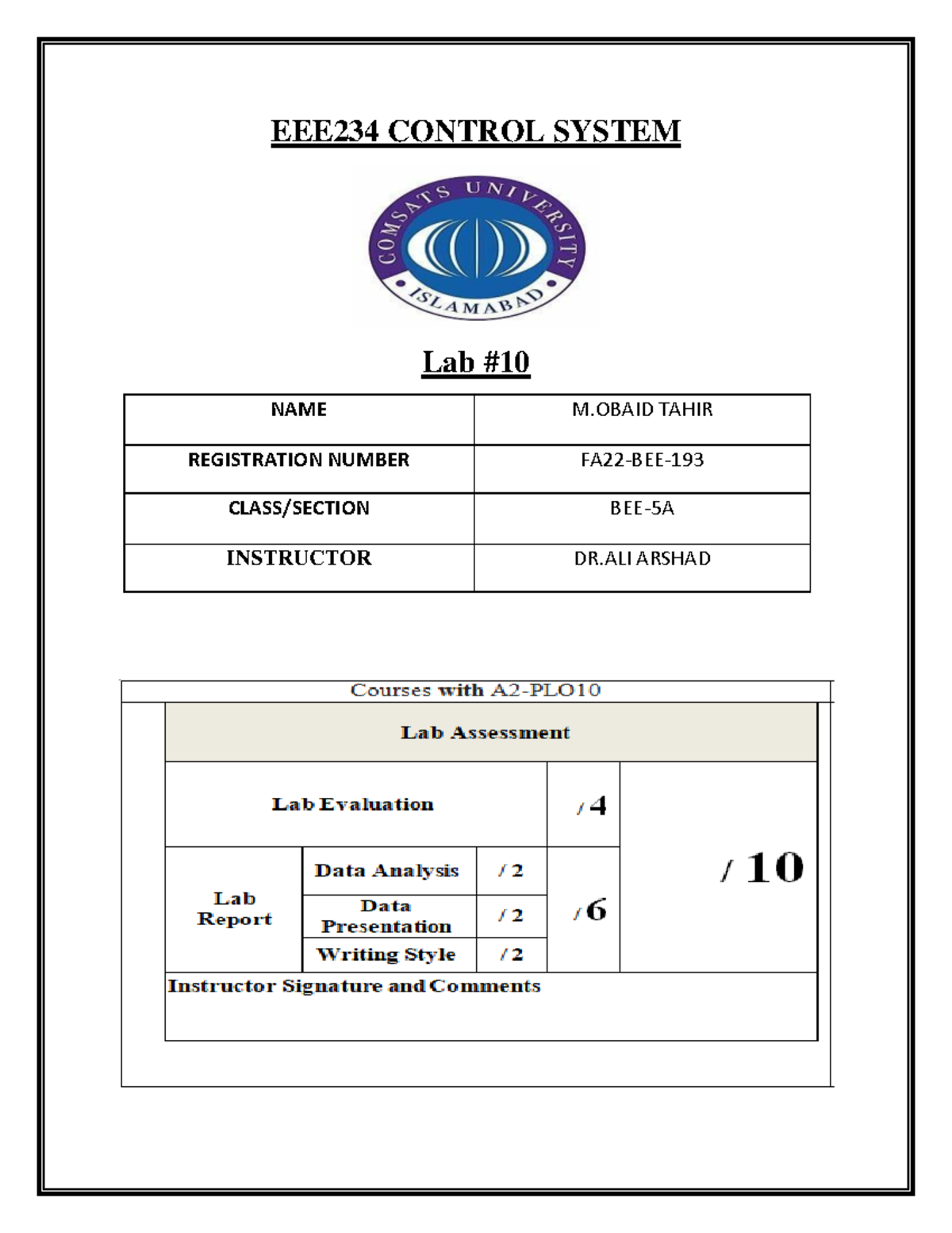 LAB Report 10 CS - EEE234 CONTROL SYSTEM Lab NAME M TAHIR REGISTRATION NUMBER FA22-BEE- 193 ...
