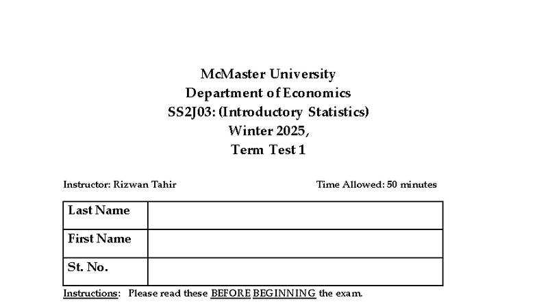 McMaster University Economics SS2J03: Winter 2025 Midterm Test 1 ...