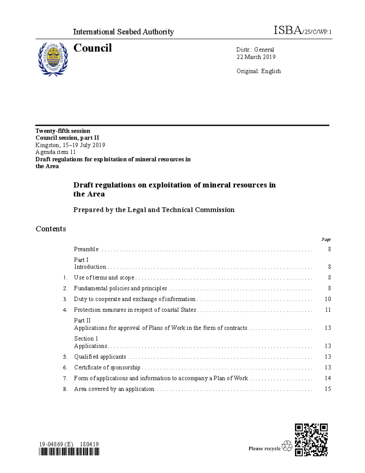 Draft Regulations for Exploitation of Mineral Resources in the Area ...