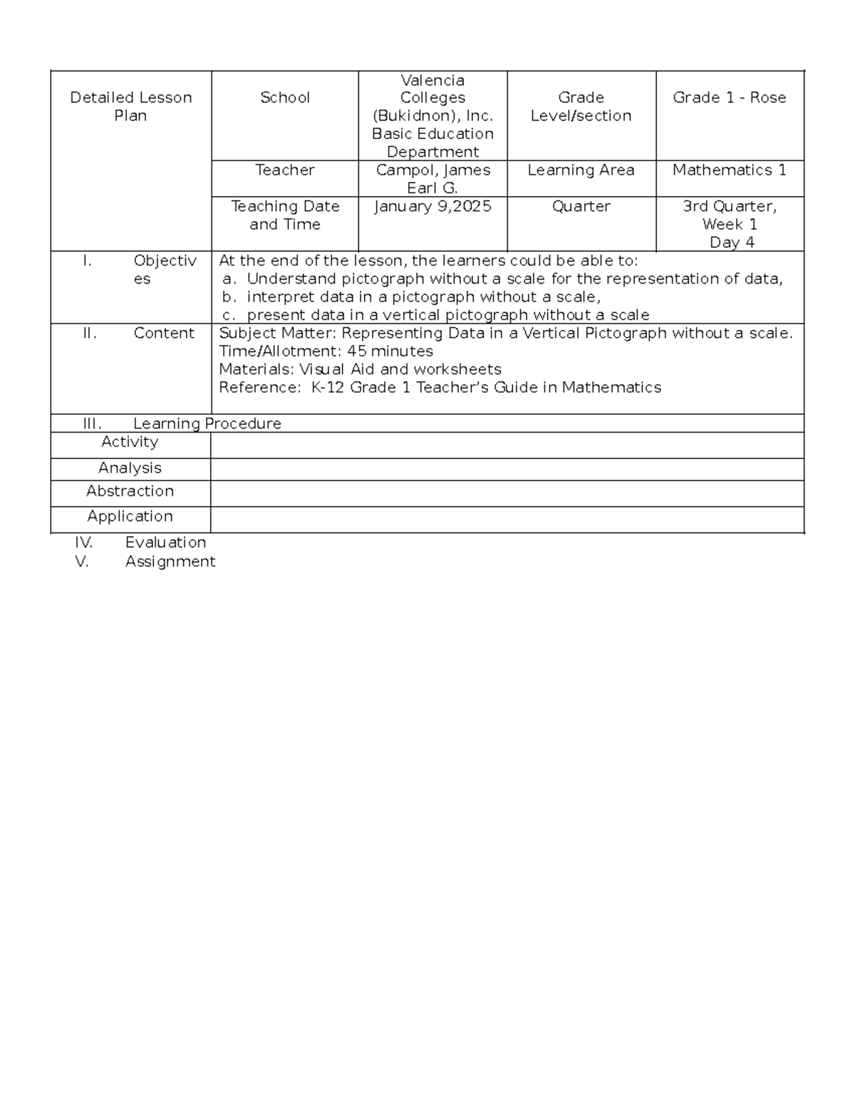 Mathematics 1 Lesson Plan on Pictographs Without Scale - Grade 1 - Studocu