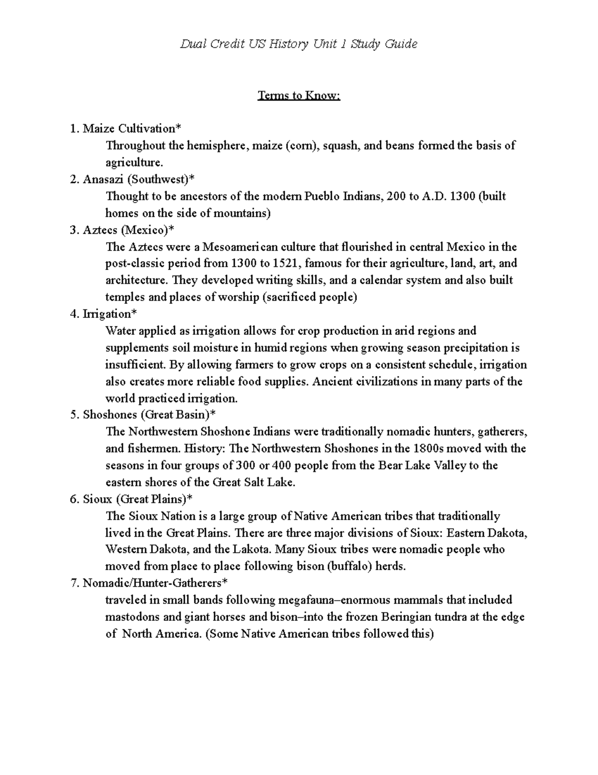 US History Unit 1 Final Exam Study Guide: Key Terms & Concepts - Studocu