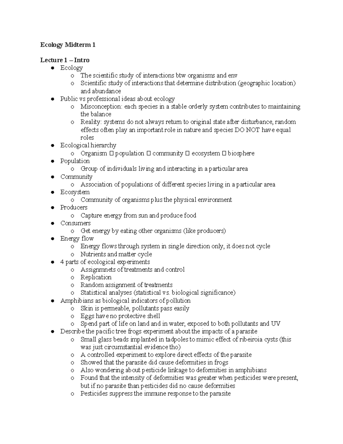Ecology Exam Notes - Ecology Midterm 1 Lecture 1 – Intro Ecology o The ...