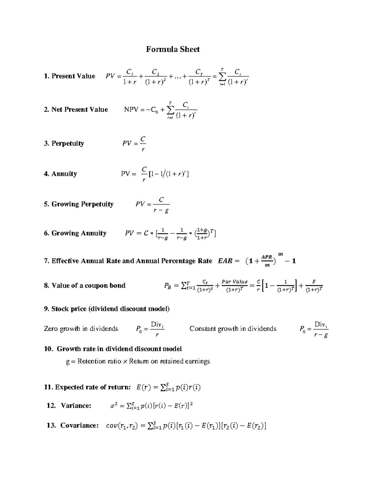 Midterm Formula Sheet for 3311 Advanced Finance Concepts - Studocu