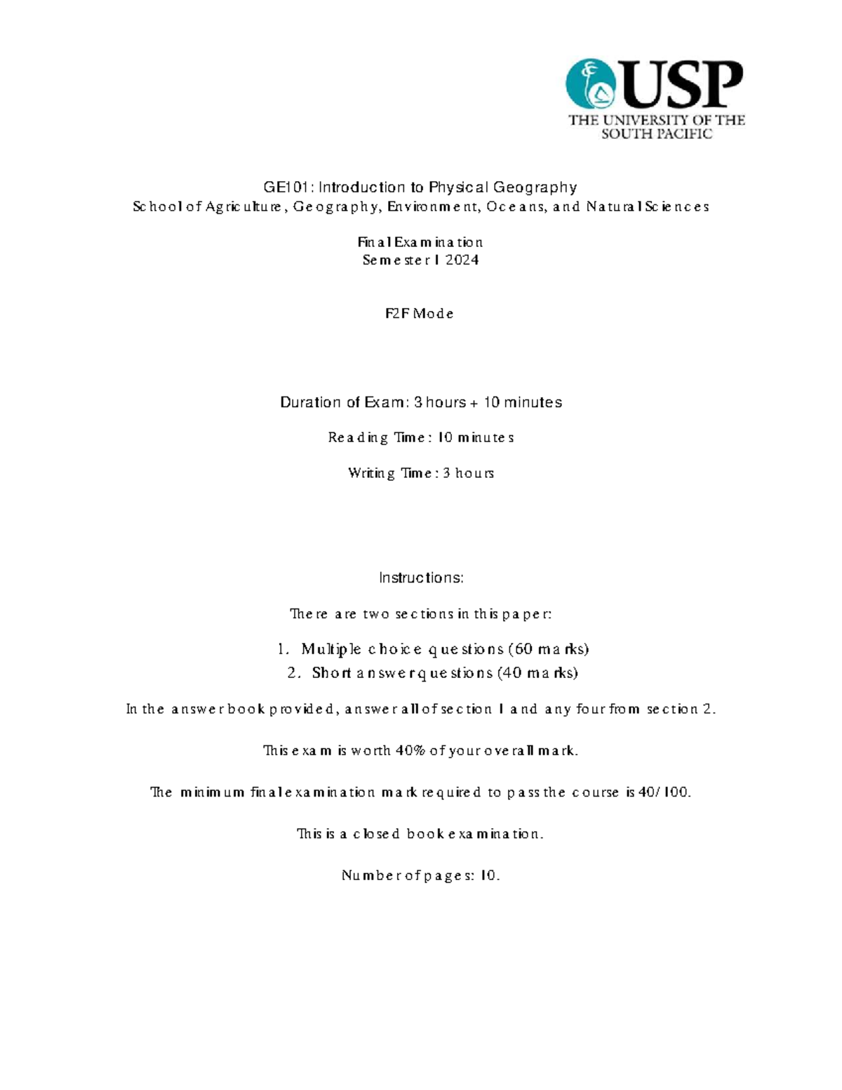 GE101: Physical Geography Final Exam Paper S1 2024 - Studocu