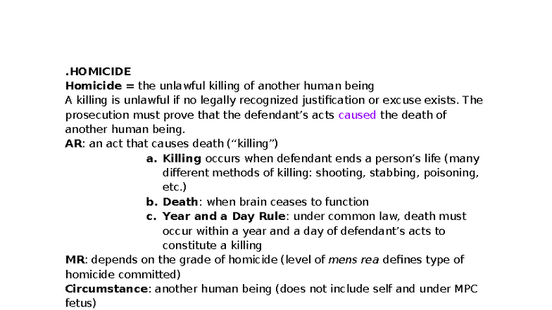 Crim Fall25 Outline - .HOMICIDE Homicide = the unlawful killing of ...