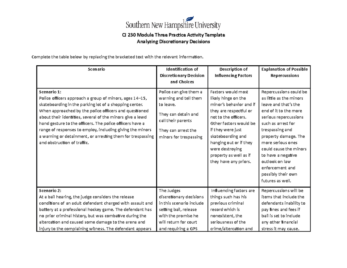 CJ 230 Module Three Practice Activity: Analyzing Discretionary ...