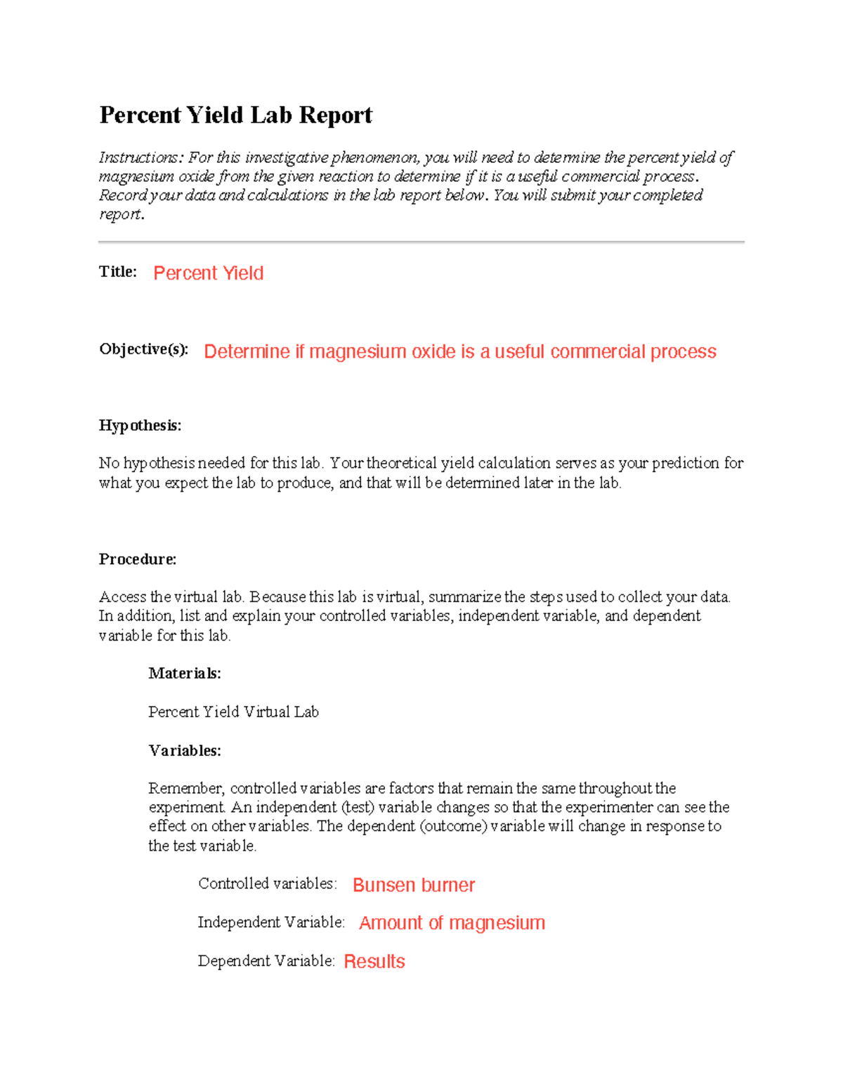 Chemistry Lab Report: Percent Yield for MgO - Lesson 5.7 - Studocu