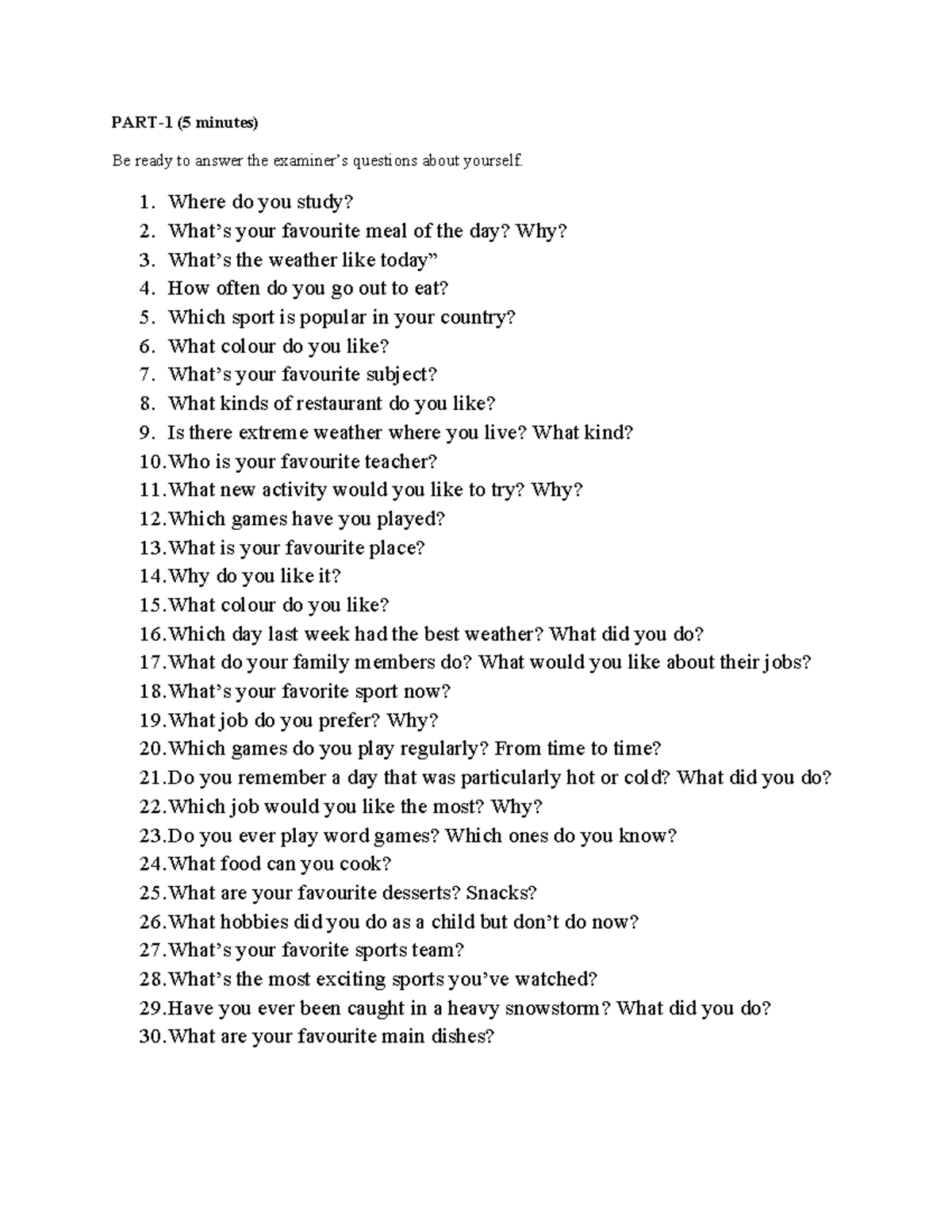 GHP Speaking 2: Personal Questions and Responses for B1 Level - Studocu