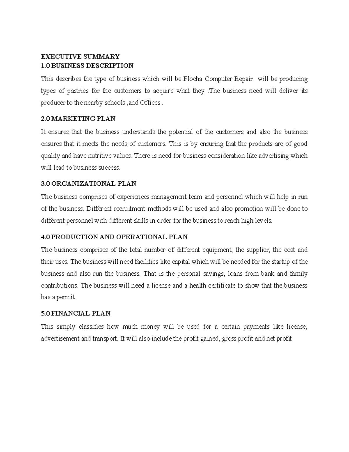 Executive Summary for Flocha Computer Repair - BOAZ 106122005 - Studocu