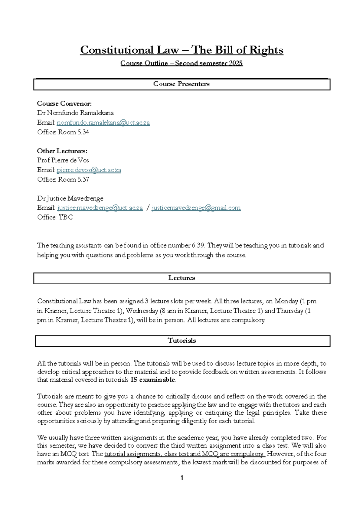 Constitutional Law (LAW123) Bill of Rights Course Outline - 2025 ...