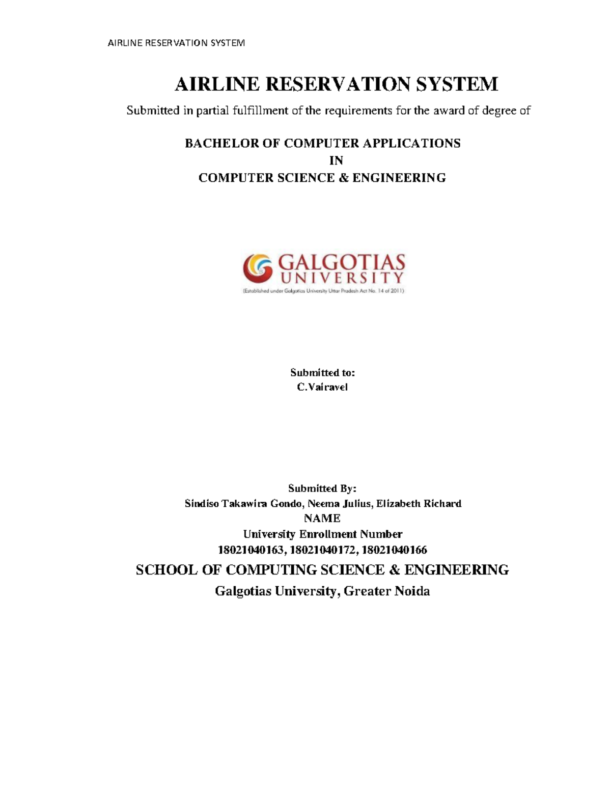 Airline Reservation System Project Report - BCA CSE - Studocu