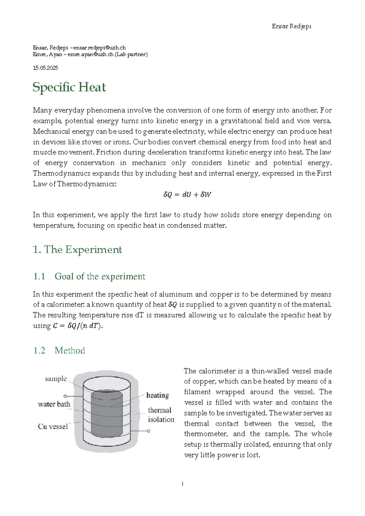 SW Report: Specific Heat Experiment (Course Code: ENS 101) - Studocu