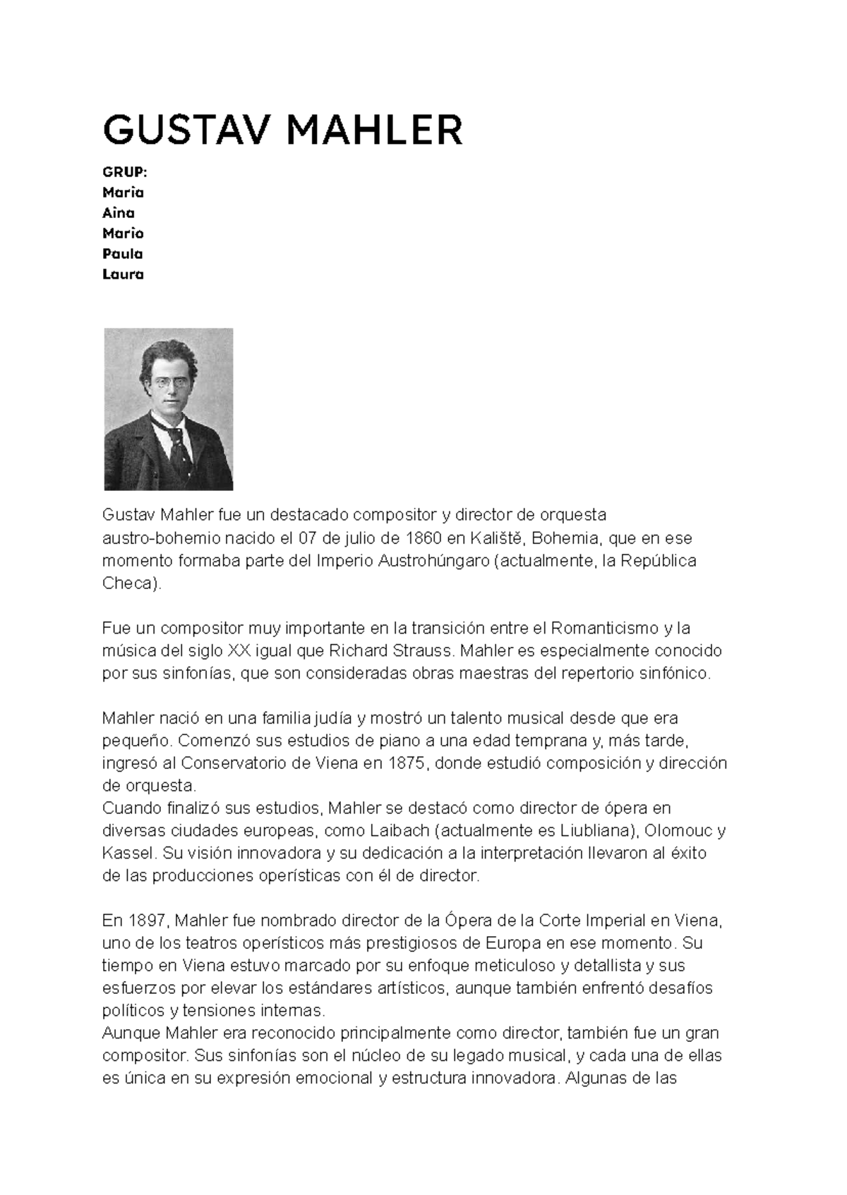 Treball del Segon Trimestre sobre Gustav Mahler i Compositors - Studocu
