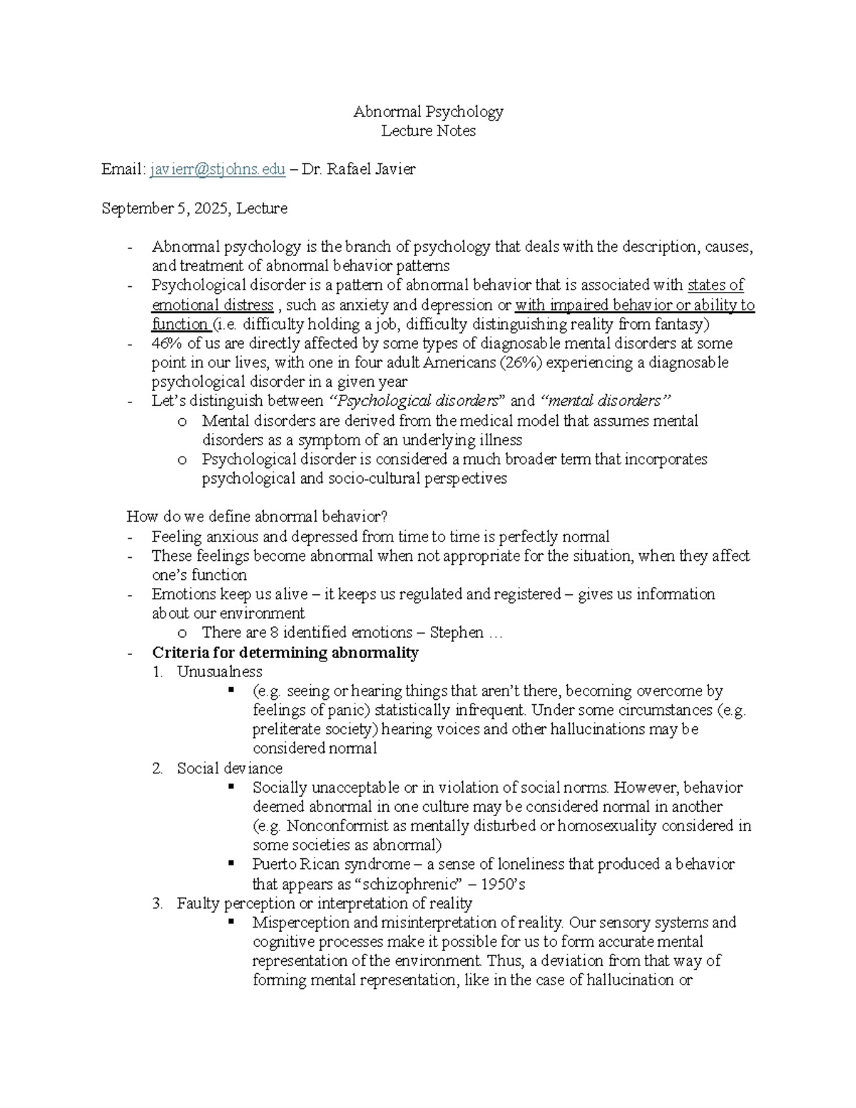 Abnormal Psychology Lecture Notes (PSY 301) - Key Concepts and ...