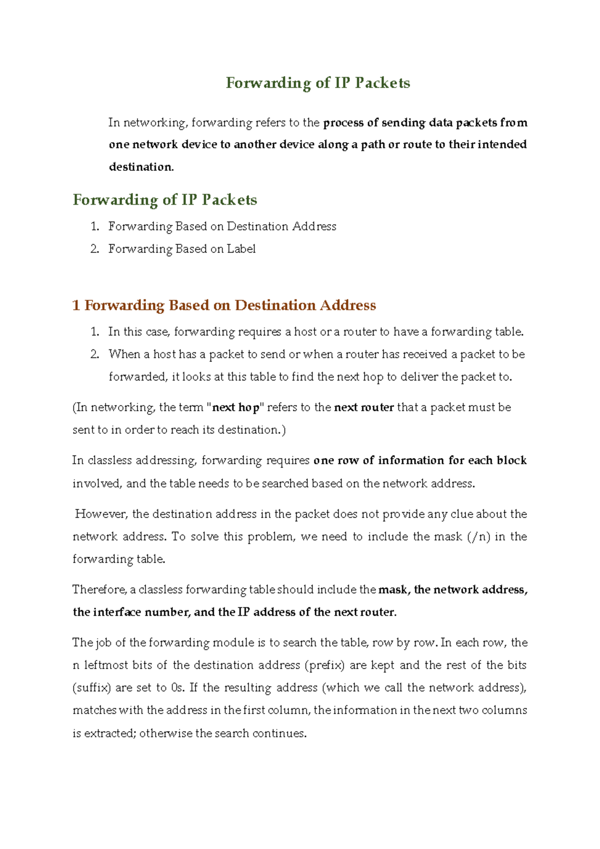 IP Packet Forwarding Techniques: Addressing and Routing Methods - Studocu