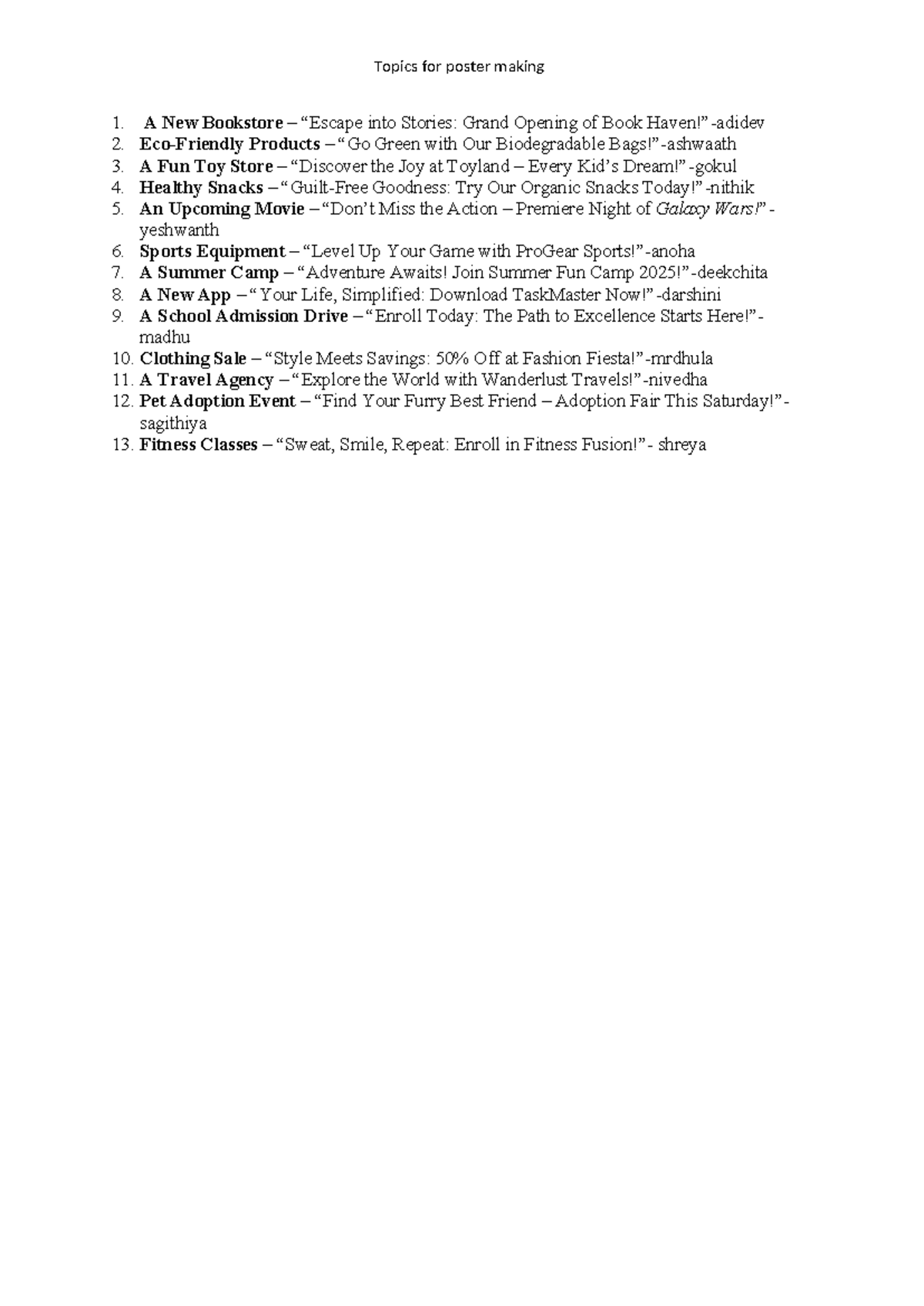 Poster Making Ideas for Grade 4B: Creative Topics List - Studocu