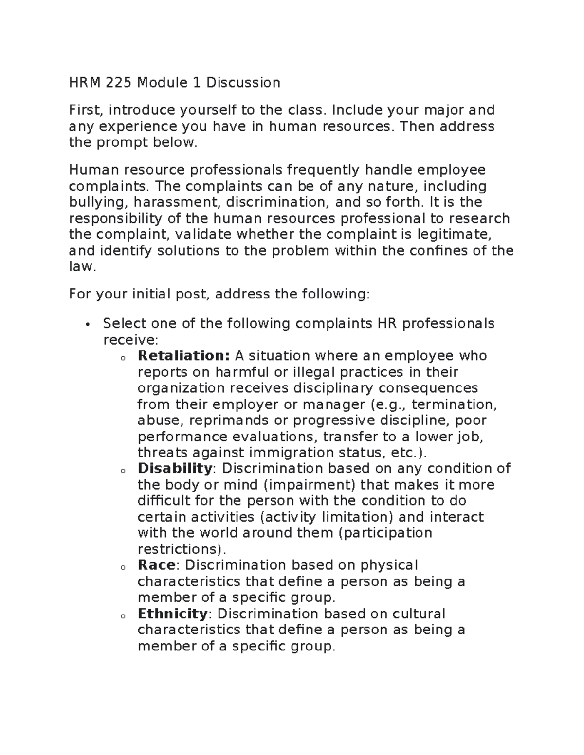 HRM 225 Module 1: Discussion on Employee Complaints and Solutions - Studocu