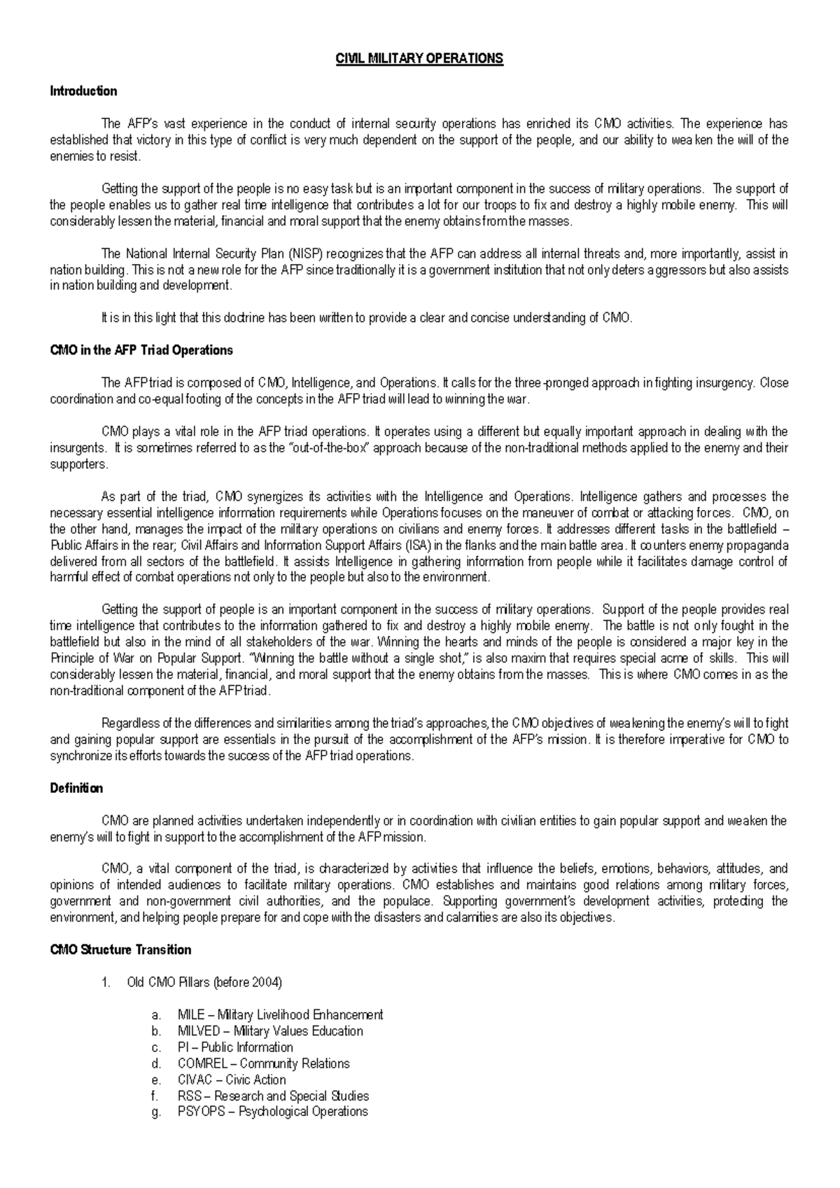 MS 3 - 11 Intro to CMO - CIVIL MILITARY OPERATIONS Introduction The AFP ...