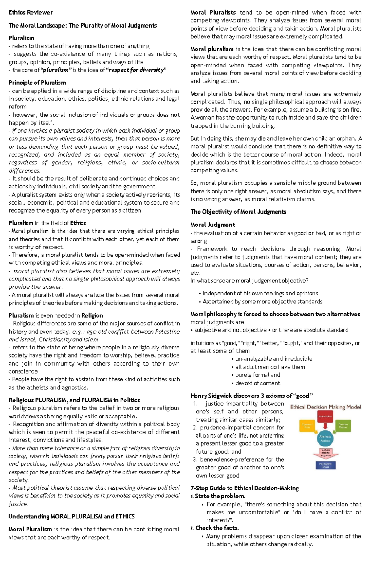 ETHICS 101: Comprehensive Ethics Reviewer on Moral Pluralism - Studocu