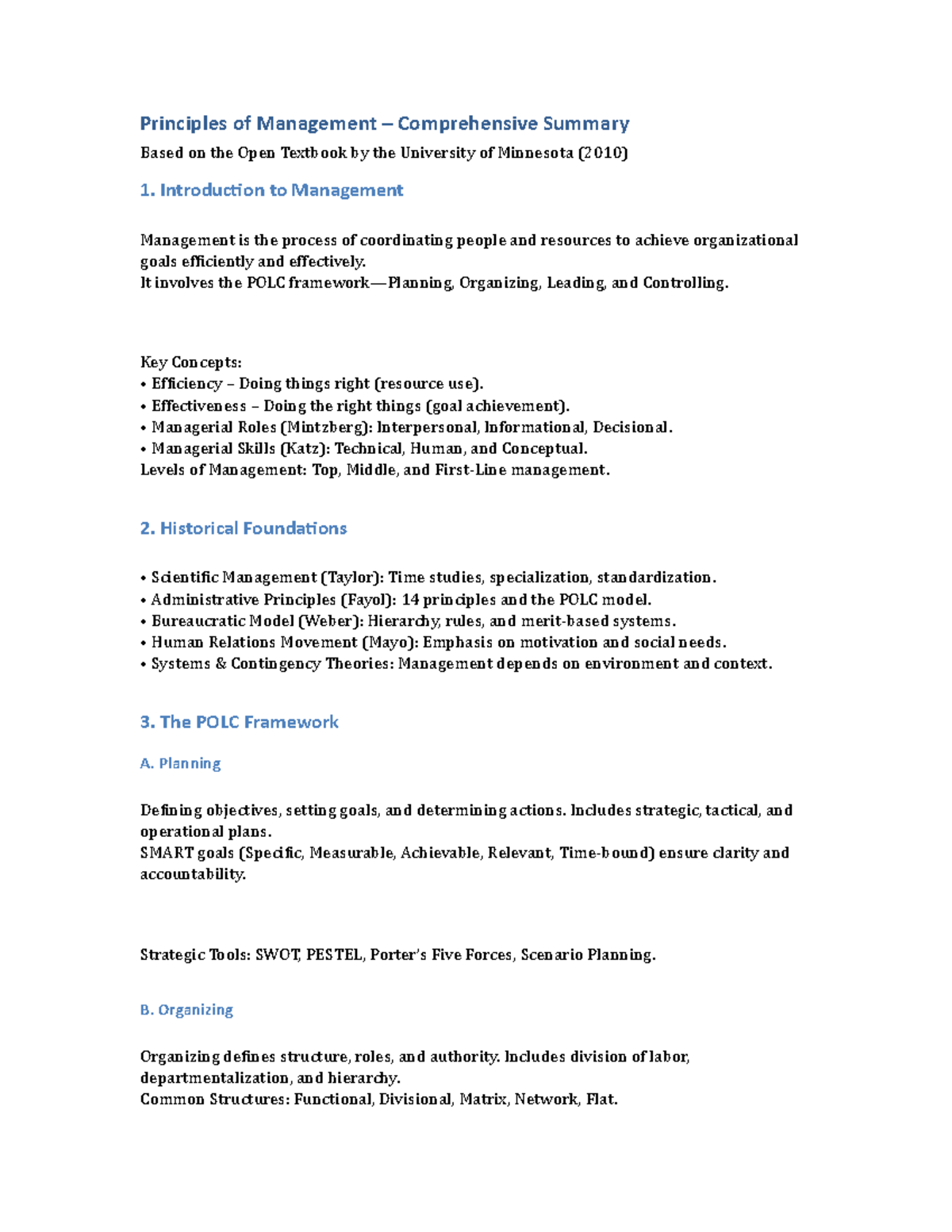 Principles of Management (MGMT 101) Comprehensive Summary Guide - Studocu