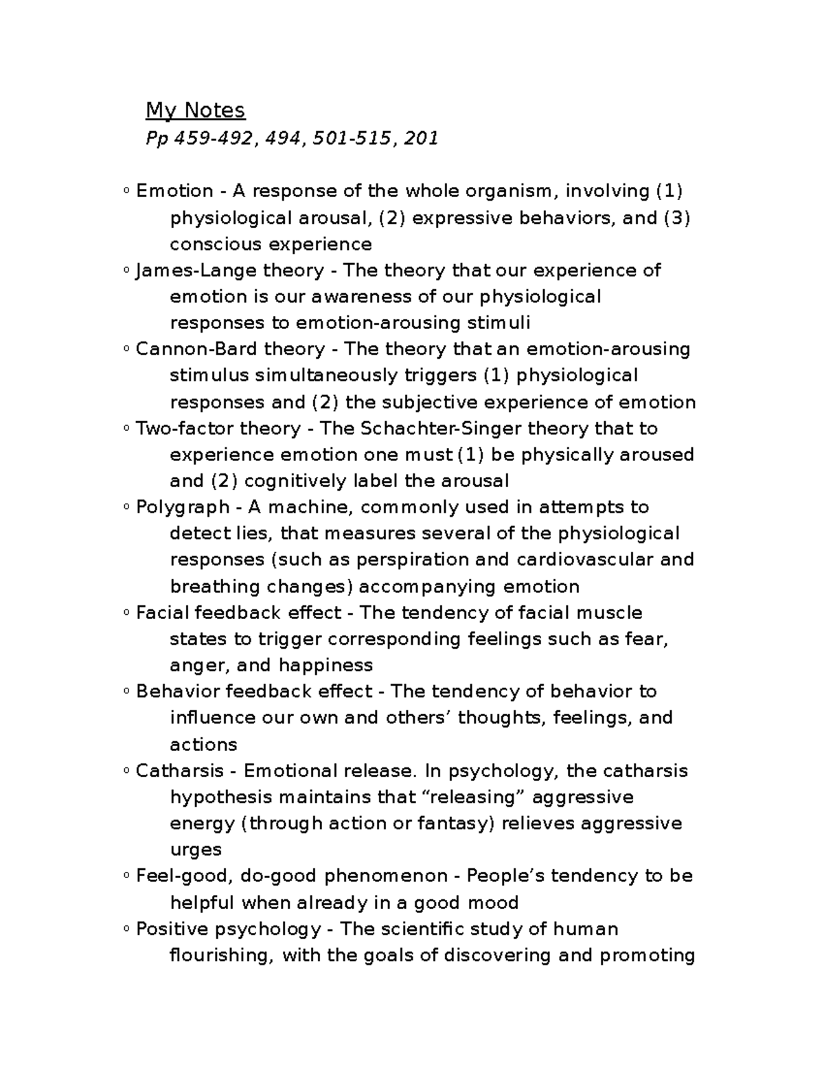 Emotion Lecture Notes 1 My Notes Pp 459 492 494 501 515 201 Emotion A Response Of The