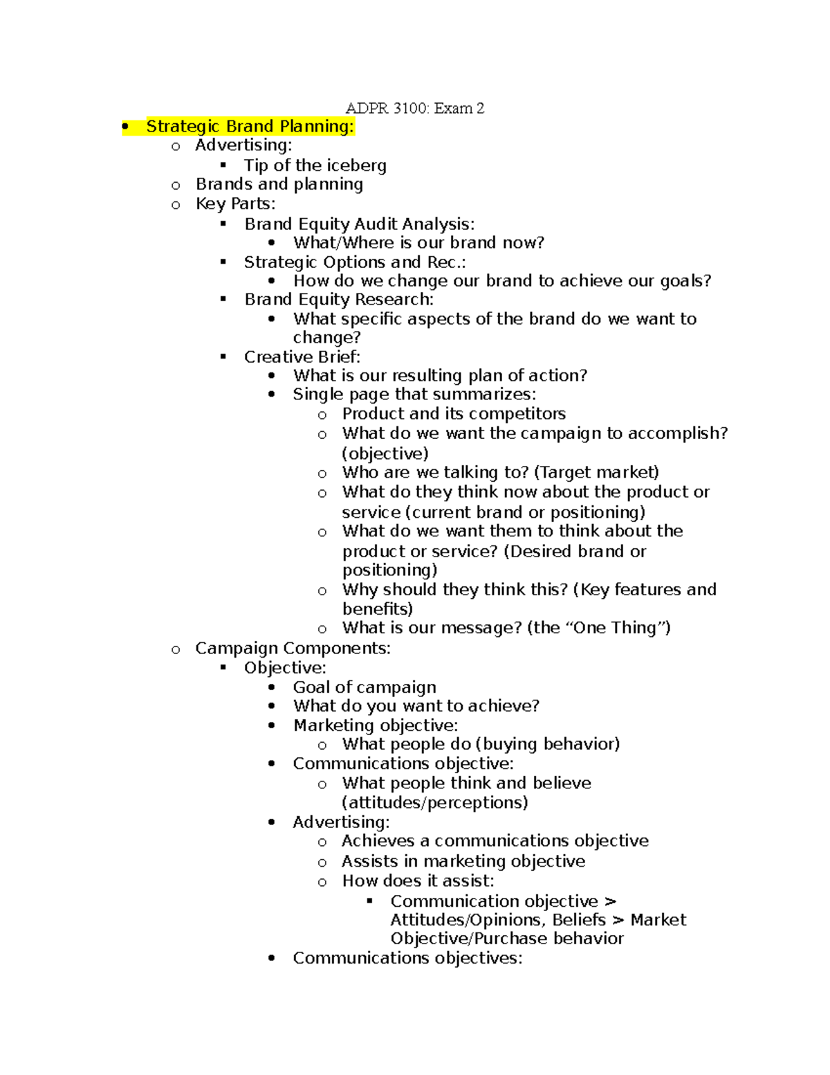 ADPR 3100 Exam 2 Study Notes - Strategic Brand Planning Insights - Studocu