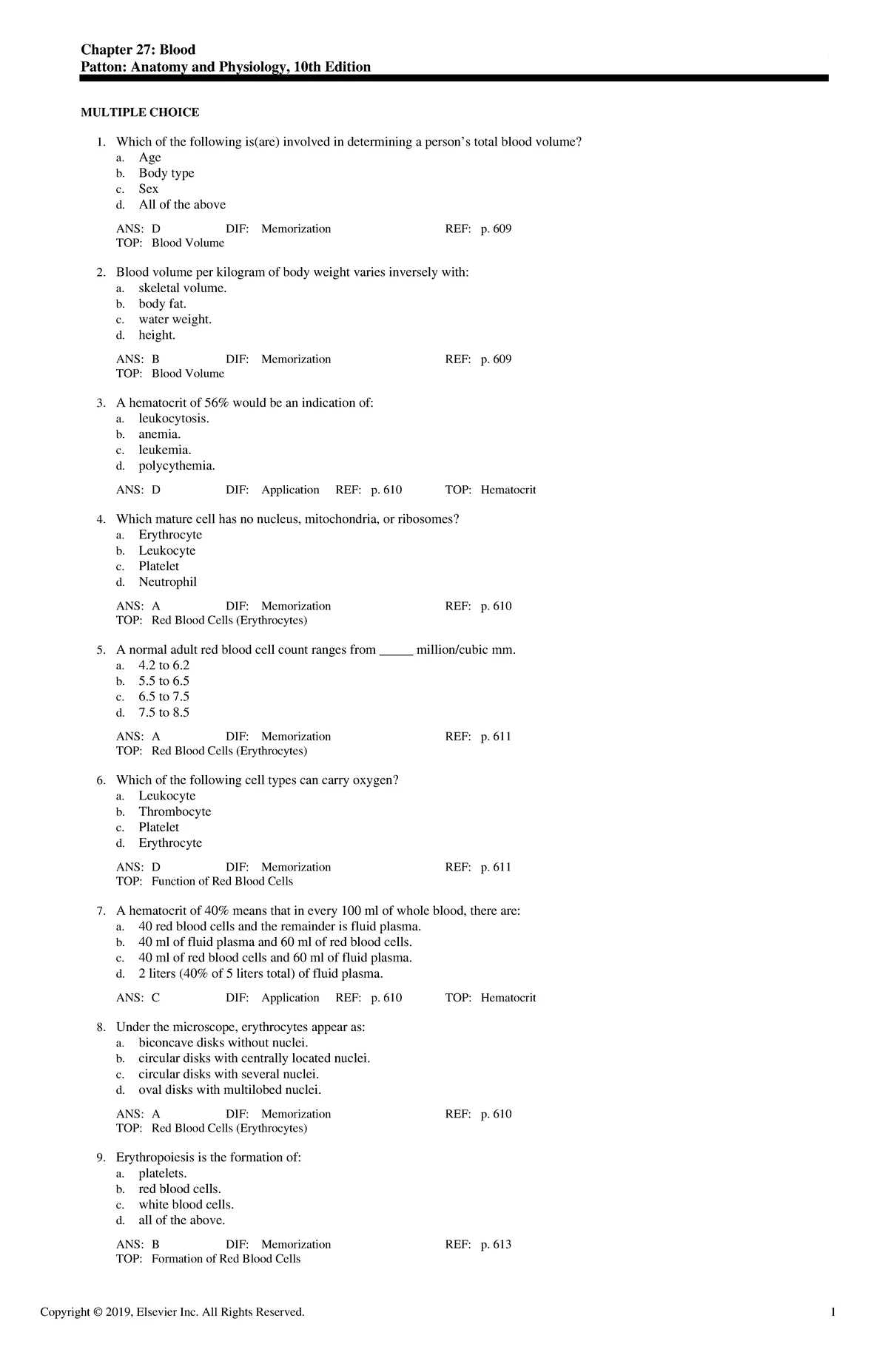 Exam View - Chapter 05 - Chapter 05: Cell Structure Patton: Anatomy and ...