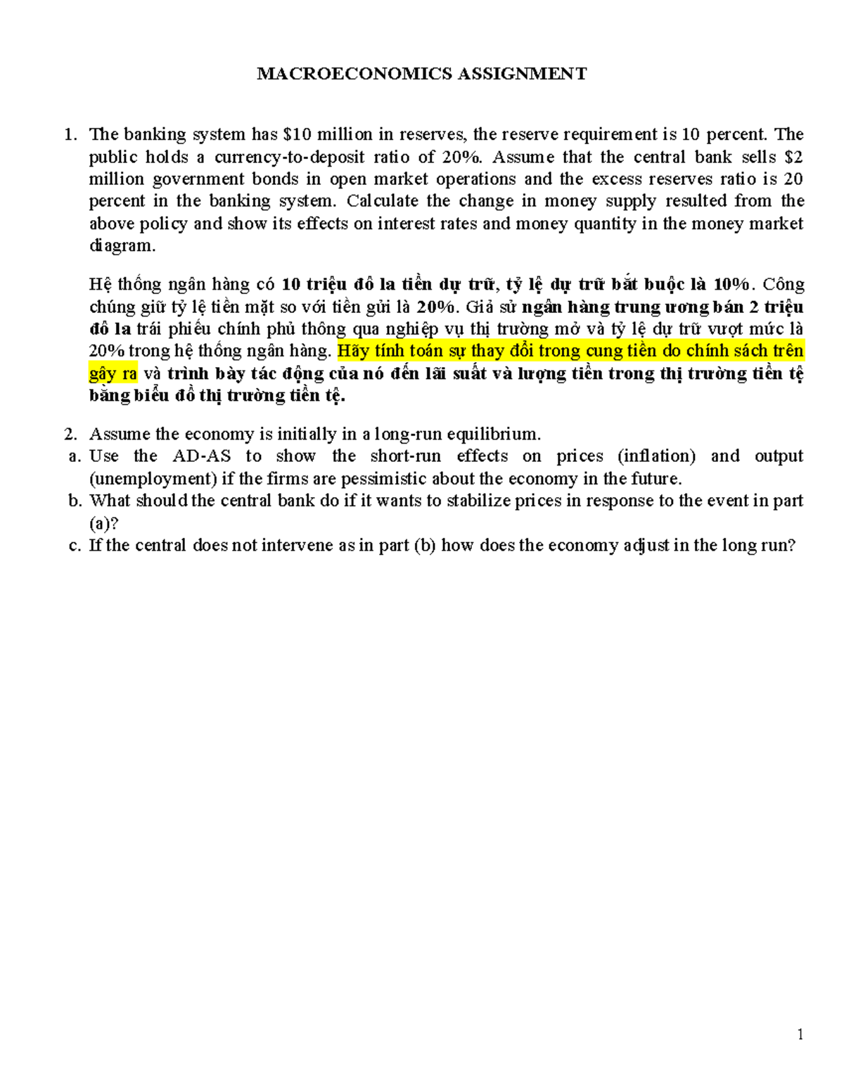 MACROECONOMICS ASSIGNMENT 2: Money Supply & AD-AS Analysis - Studocu