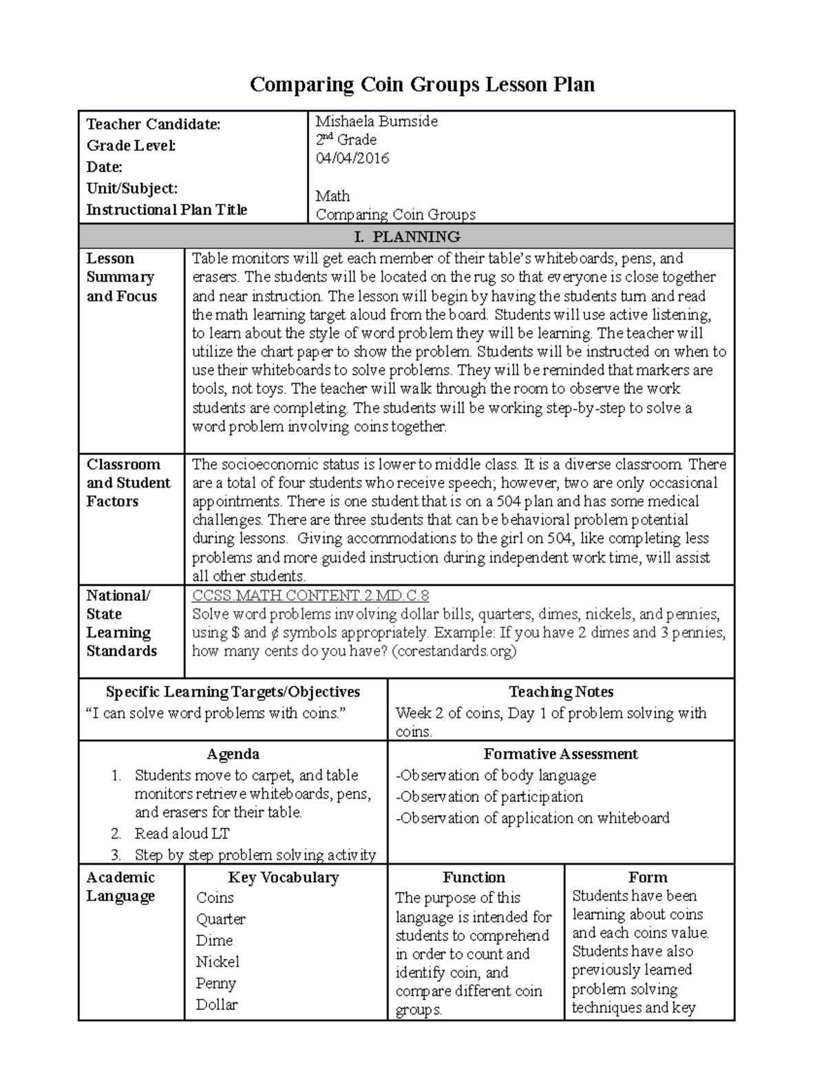 SPD-200 Exemplary Math Lesson Plan (MB) - Comparing Coin Groups Lesson ...