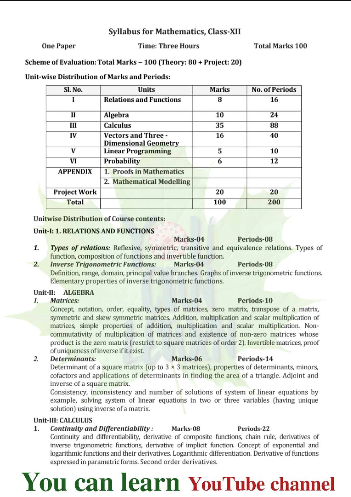Mathematics Syllabus for Class 12 (Course Code: MATH-12) - Studocu