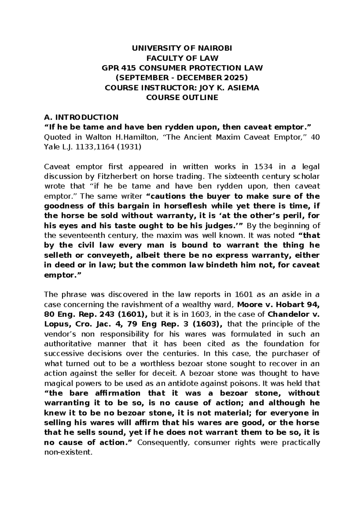 GPR 415 Consumer Protection Law Course Outline (Sept-Dec 2025) - Studocu