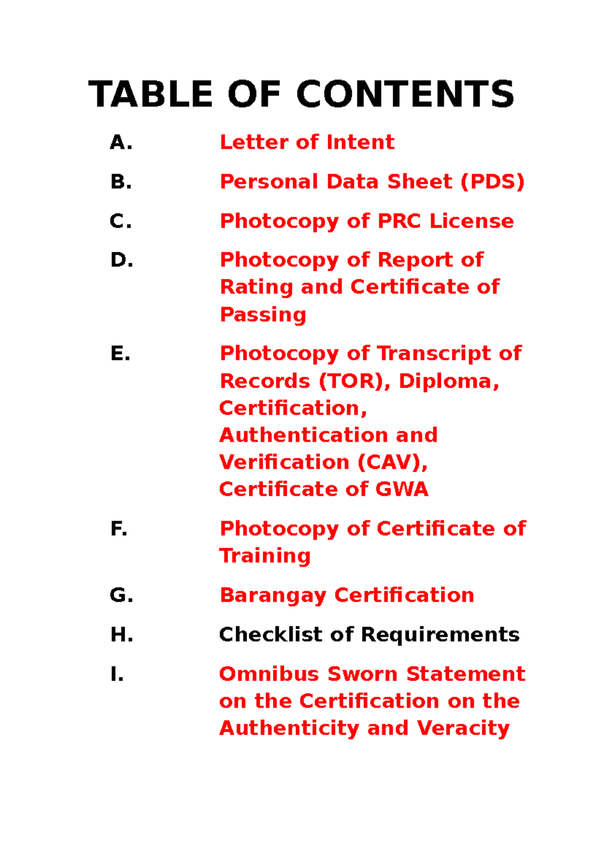 Table of Contents for Tunong Document - Studocu
