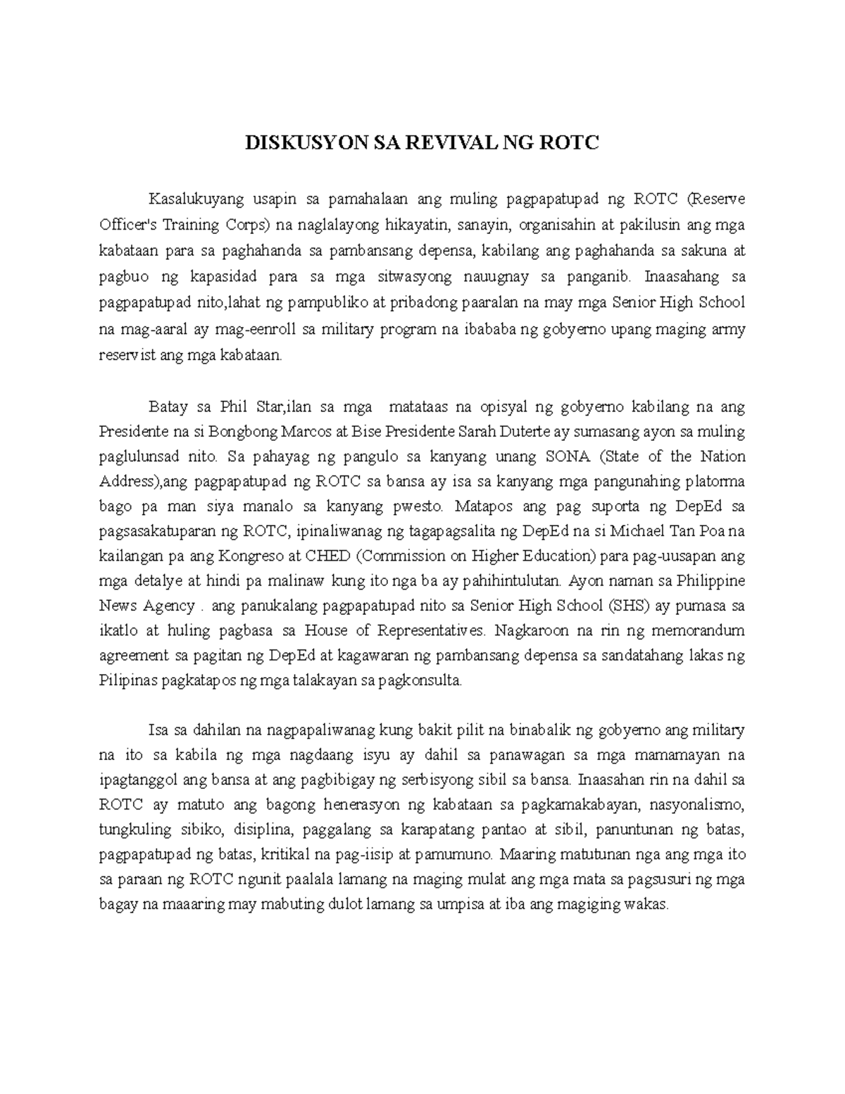 Huh - reflection paper - DISKUSYON SA REVIVAL NG ROTC Kasalukuyang ...