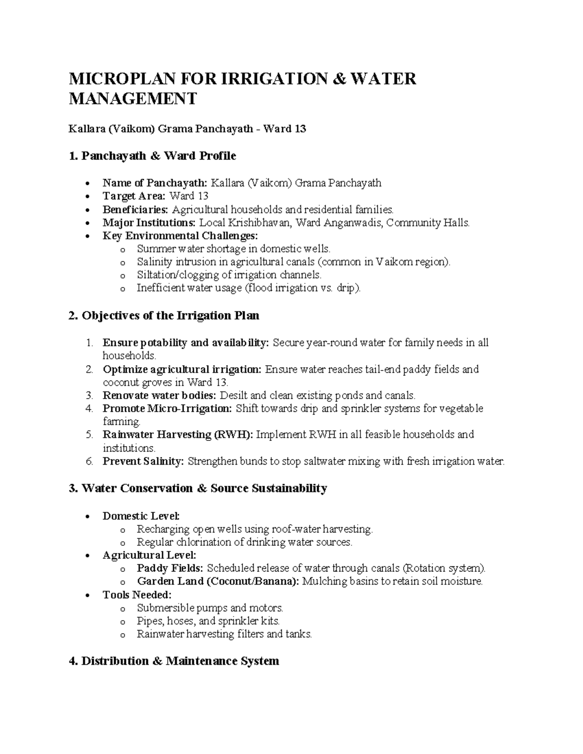 Microplan for Irrigation Water Management: Kallara (Vaikom) Ward 13 - Studocu