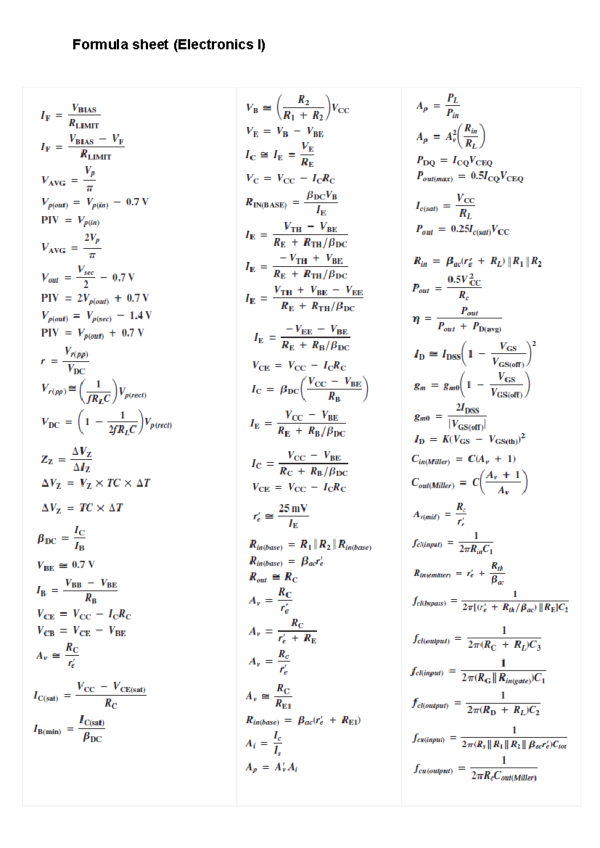 Formula sheet Electronics 1 2021 - EEE150S - Formula sheet (Electronics I) - Studocu