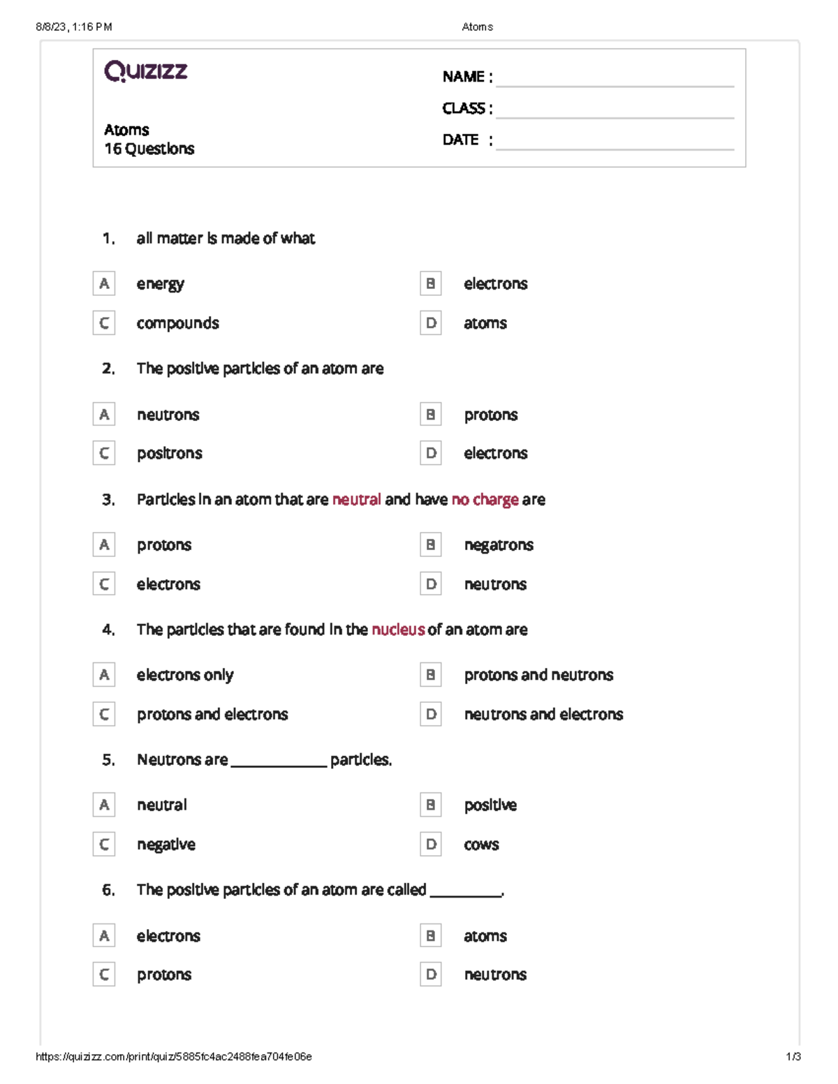 Atoms - Quiz Notes for Chemistry Course (CHEM 101) - Studocu